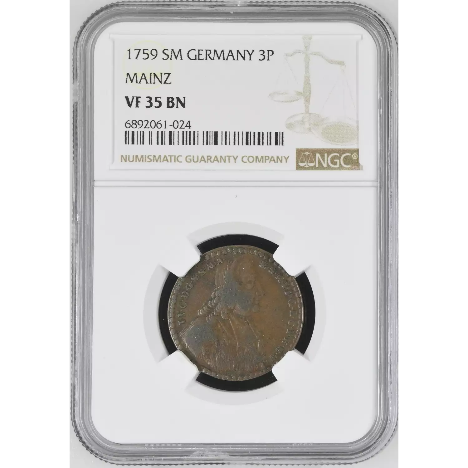 1759 GERMAN STATES Copper 3 PFENNIG (Dreier) NGC VF-35 BN MAINZ ...