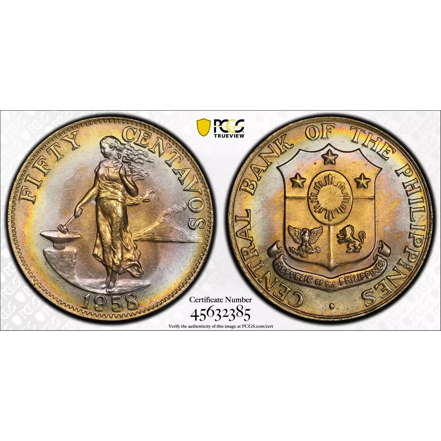 1958 PHILIPPINES Copper-Nickel-Zinc 50 CENTAVOS PCGS MS-66+ - Morton ...